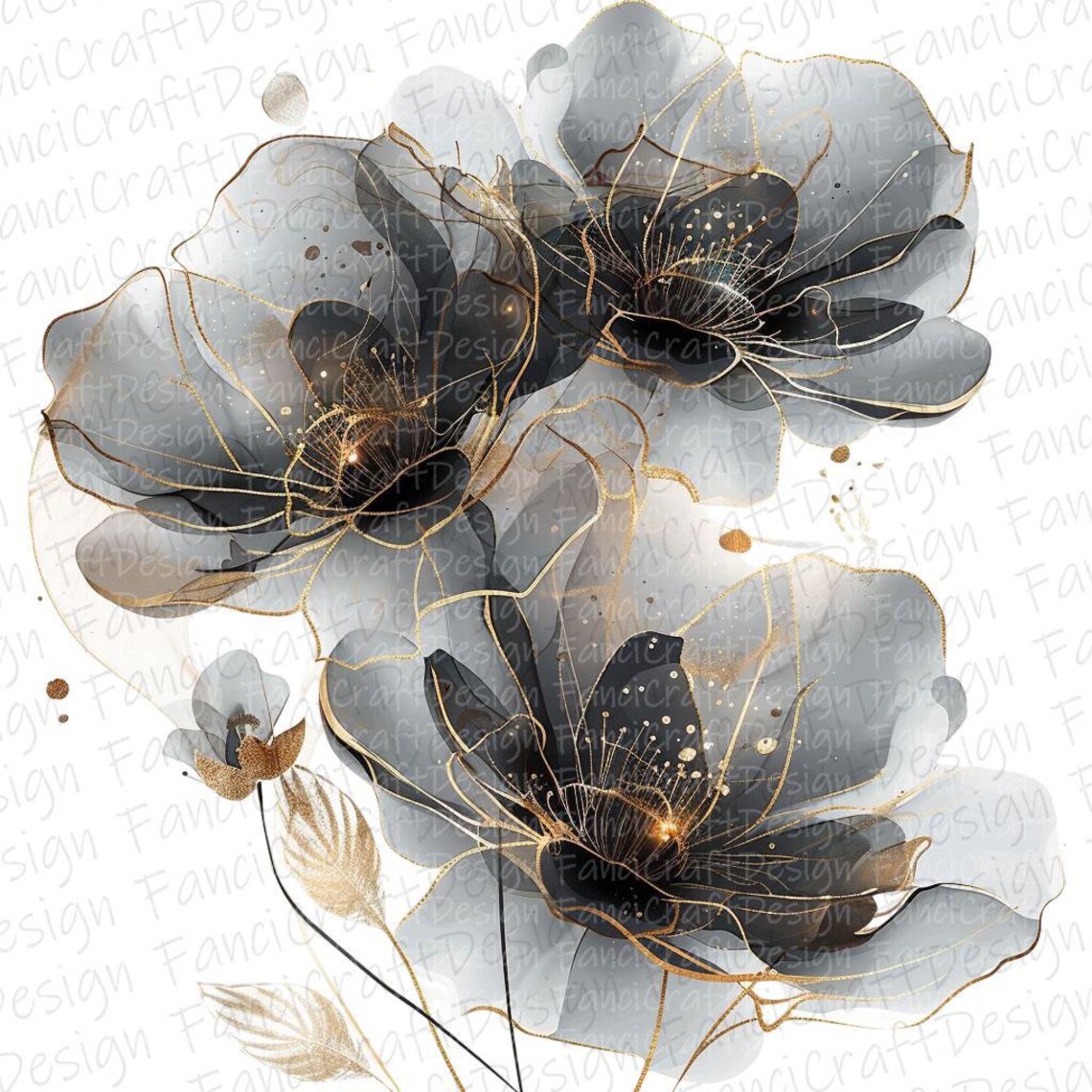 Black Translucent Flowers 18 Abstract Floral Clipart Watercolor ...