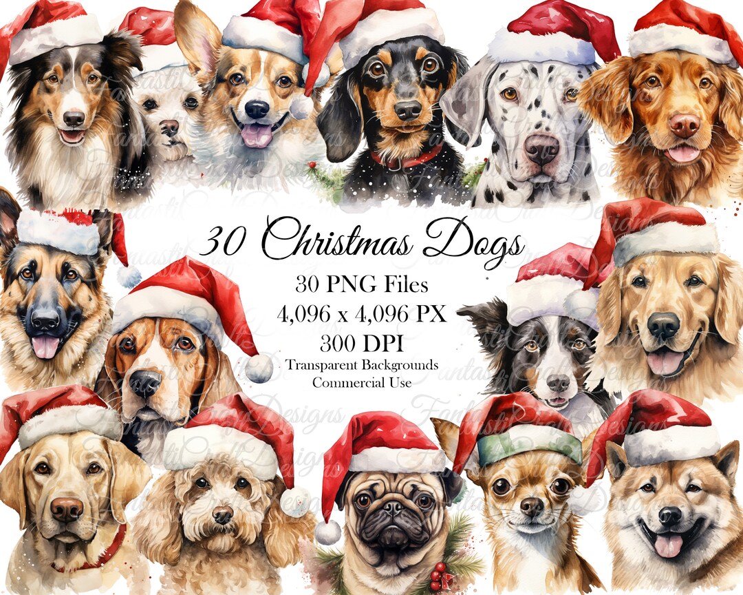 30 Christmas Dog Cute Watercolor Clipart Pack PNG Digital Download 300 ...