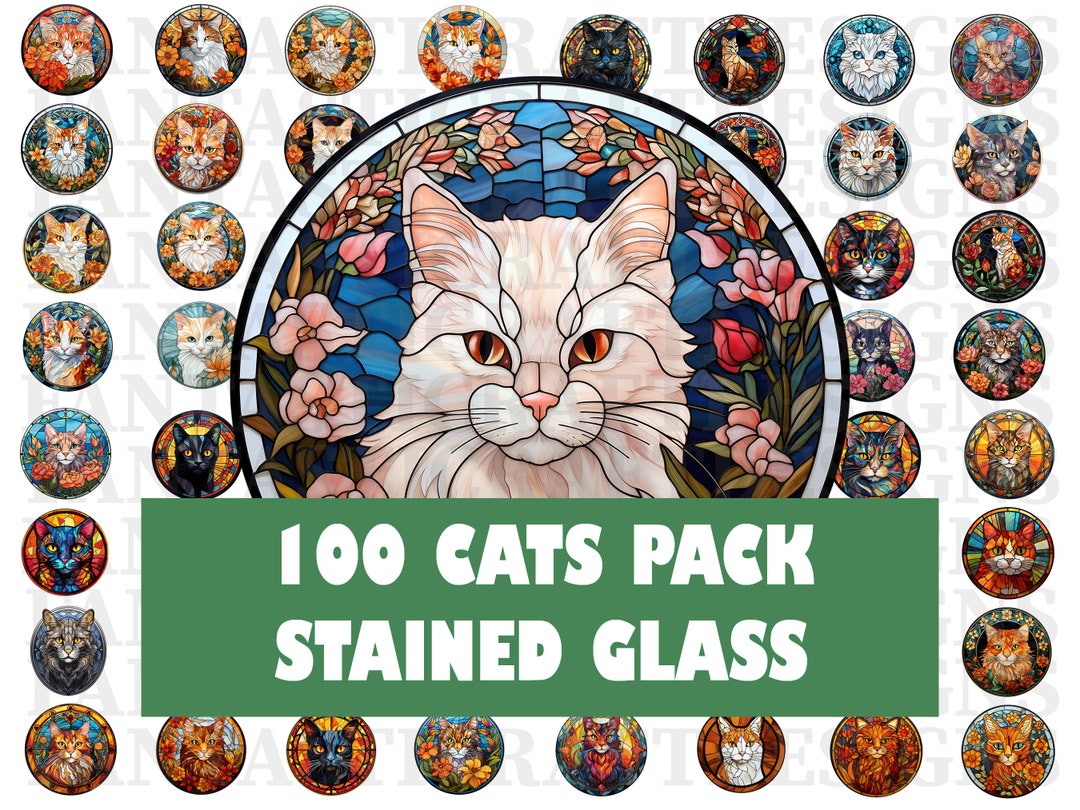 100 Stained Glass Cat Pack Transparent Circle PNG Digital Download ...