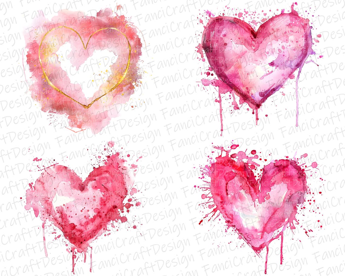 24 Pink Hearts Paint Splatter Splash Watercolor Clipart Heart Pack PNG ...