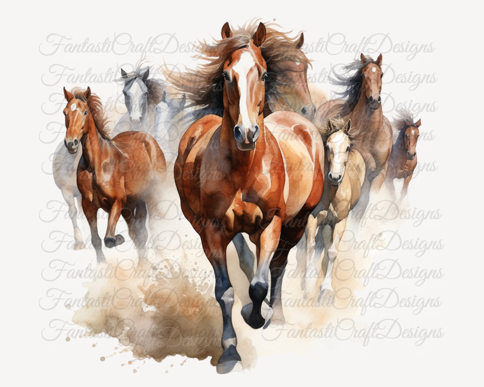 12 Horses Horse Herd Pony Animal Watercolor Clipart Printable PNG JPG ...