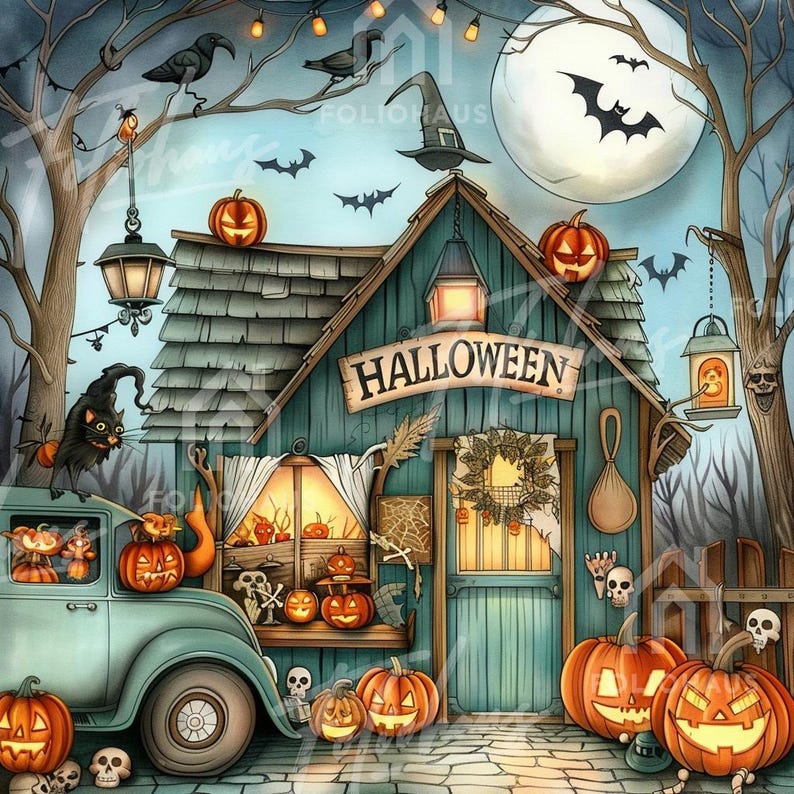 Halloween Shop Clip Art (10) – Watercolor Storefronts, High-res JPG ...