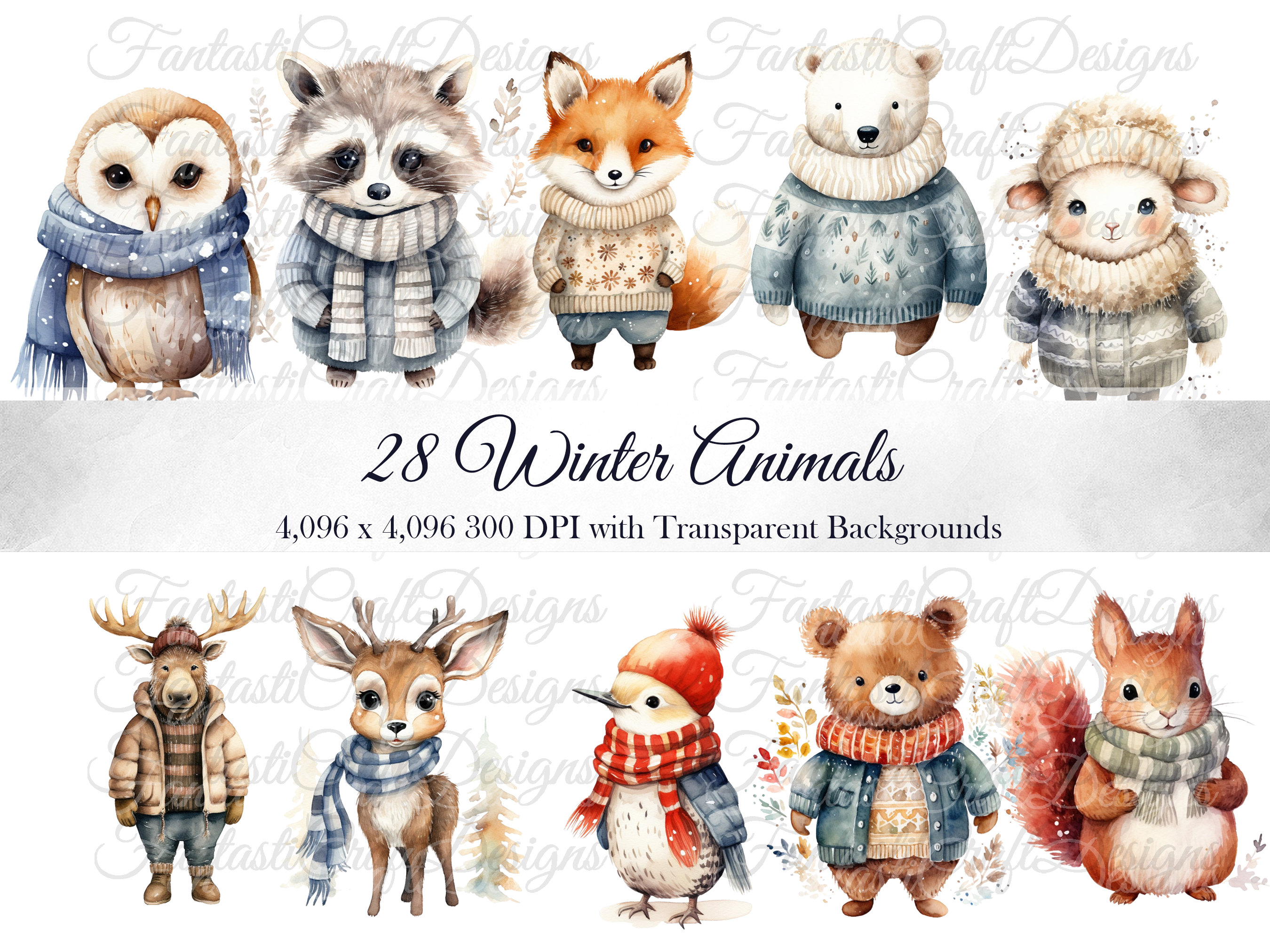 28 Cute Winter Animal Watercolor Clipart Pack PNG Digital Download 300 ...