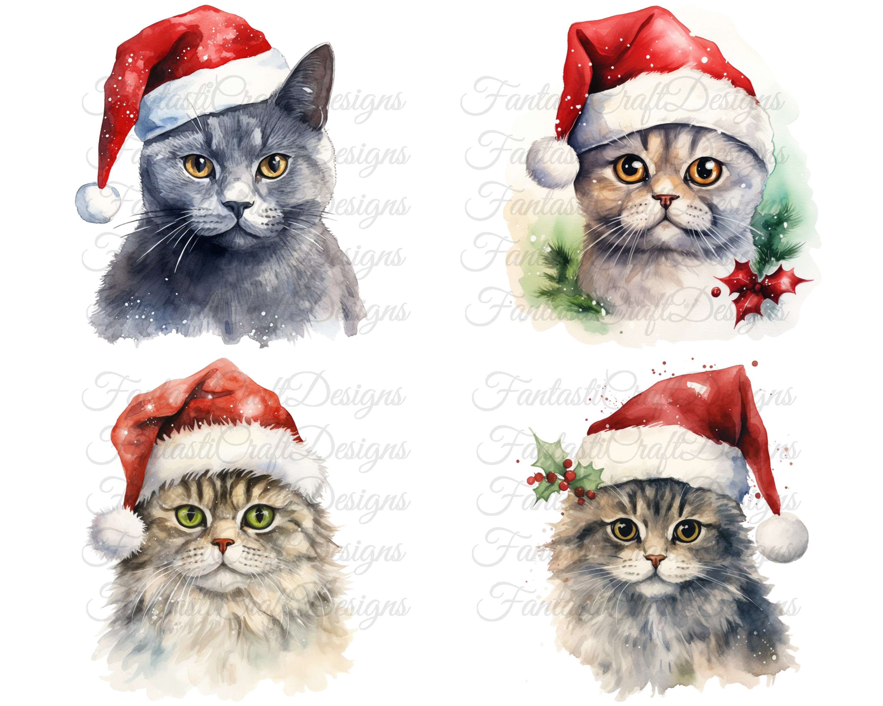 30 Christmas Cat Cute Watercolor Clipart Pack PNG Digital Download 300 ...