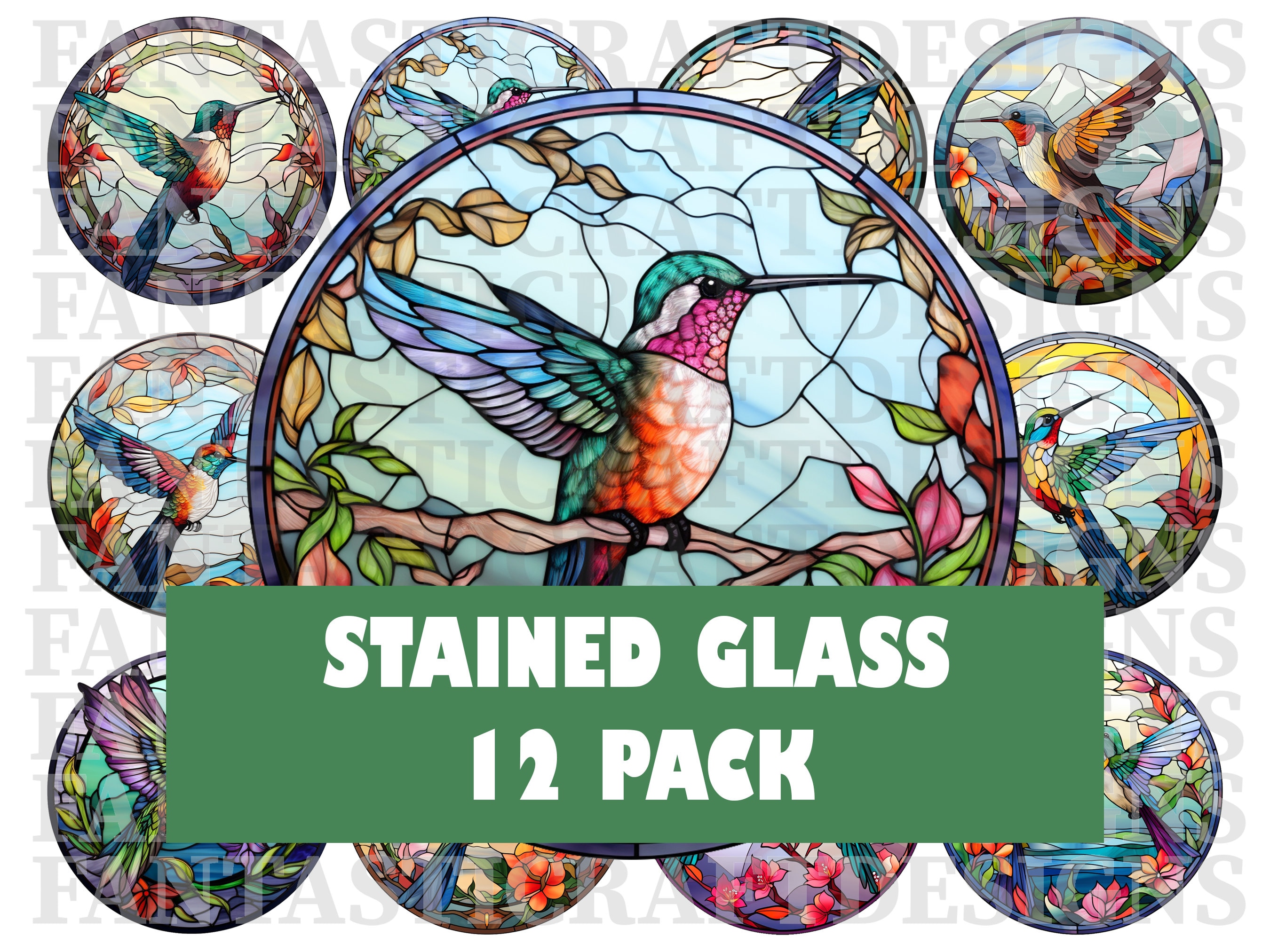 12 Stained Glass Hummingbird Bird Pack Transparent Circle PNG Digital ...