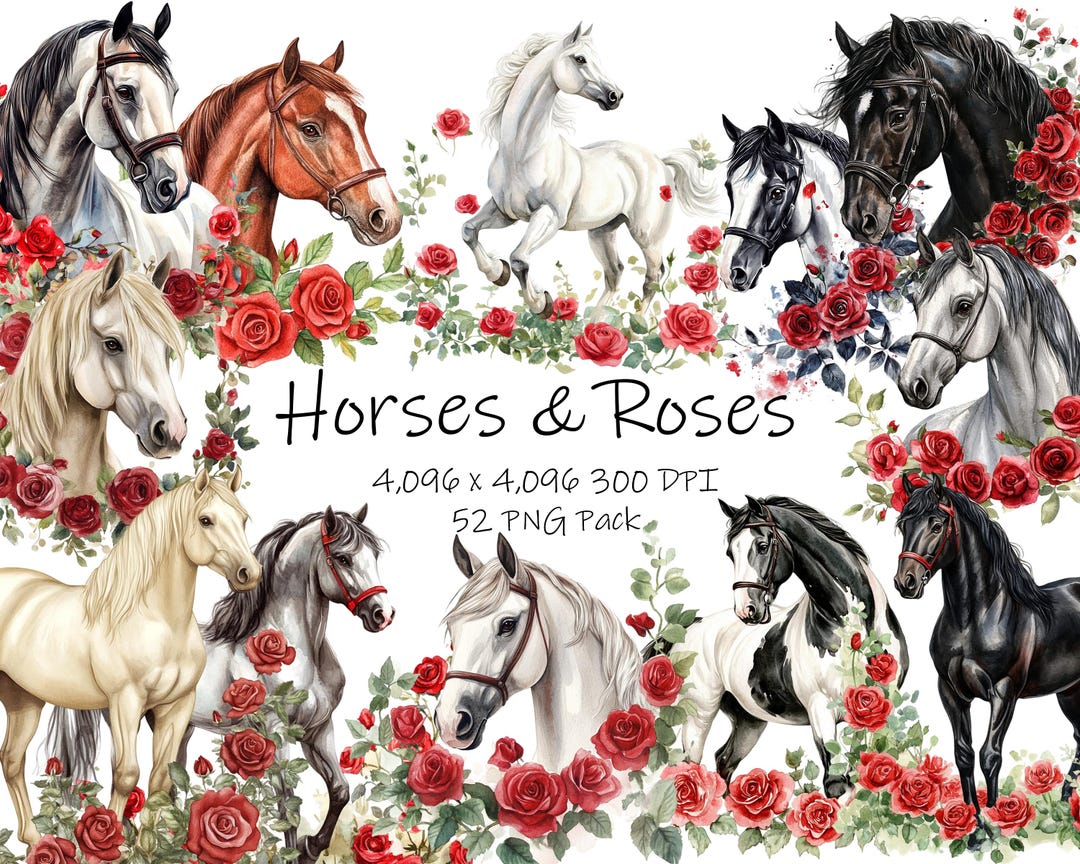 52 Floral Horses Rose Horse Flowers Animal Watercolor Clipart Printable ...