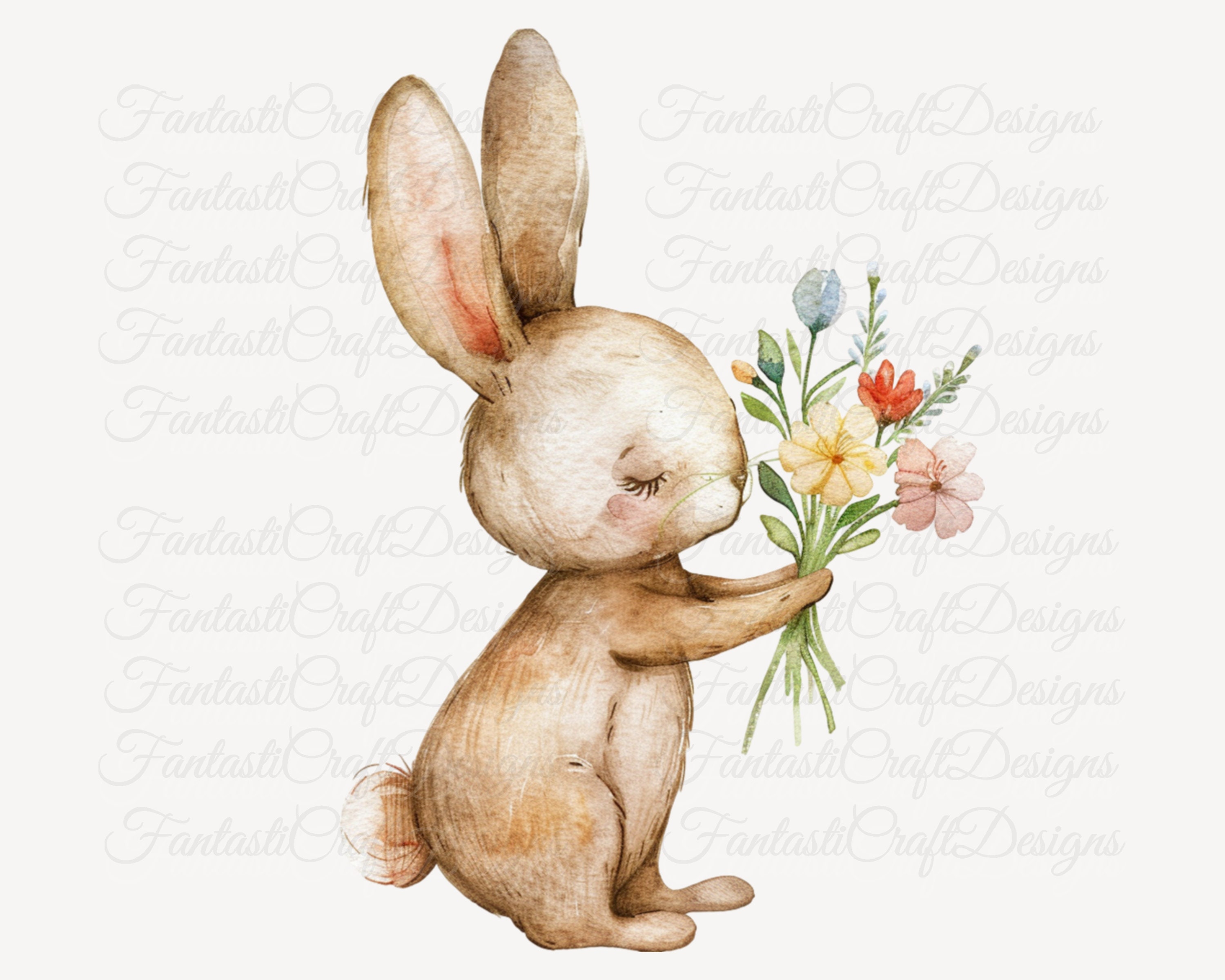 Rabbit Holding Flowers Cute Easter Bunny Art Watercolor Clipart 16 Pack ...