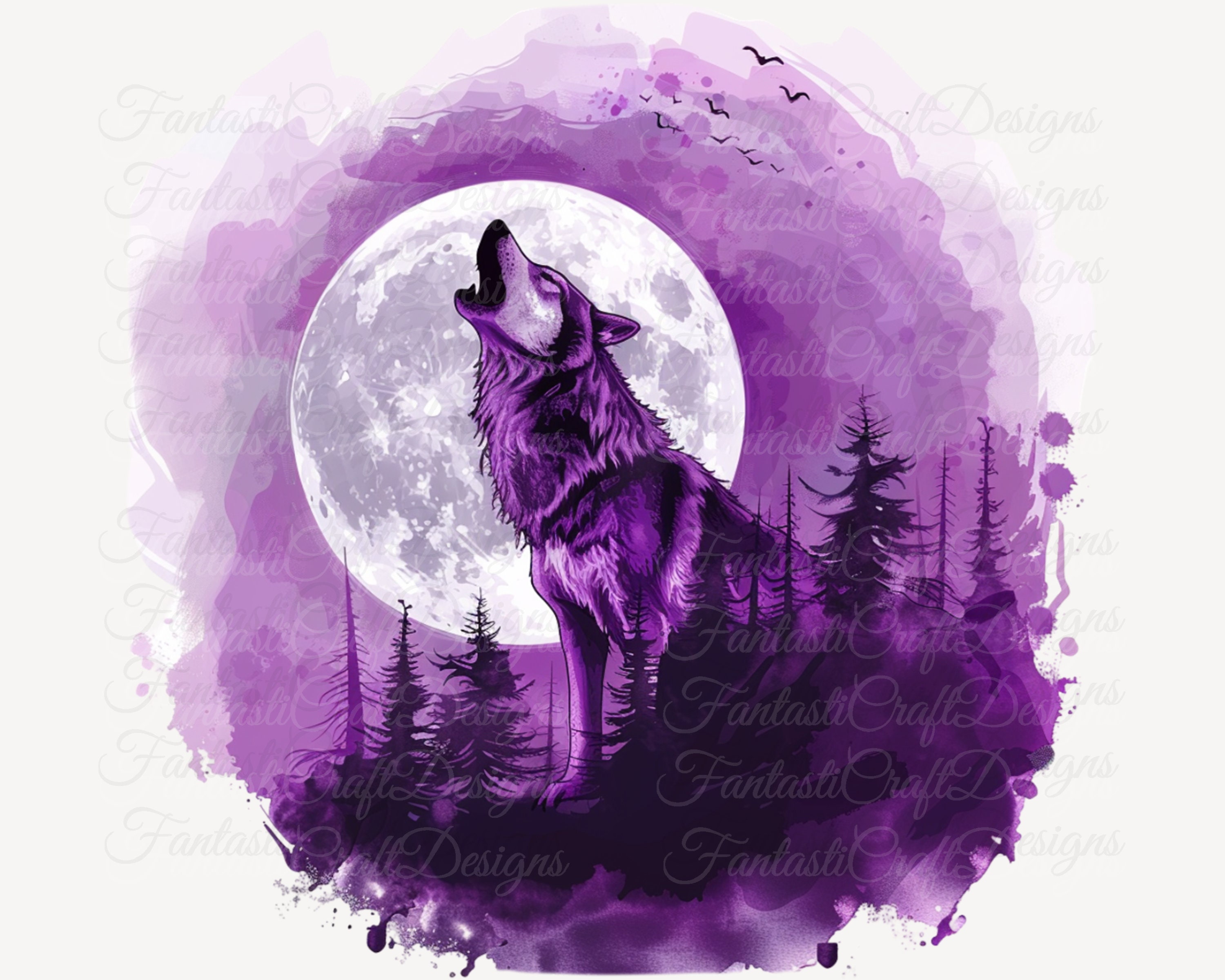 Wolf Purple Forest Animal Watercolor Moon Clipart Wolves 32 Pack PNG ...