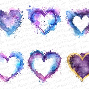 48 Purple Heart Paint Splatter Splash Watercolor Clipart Heart Pack PNG ...