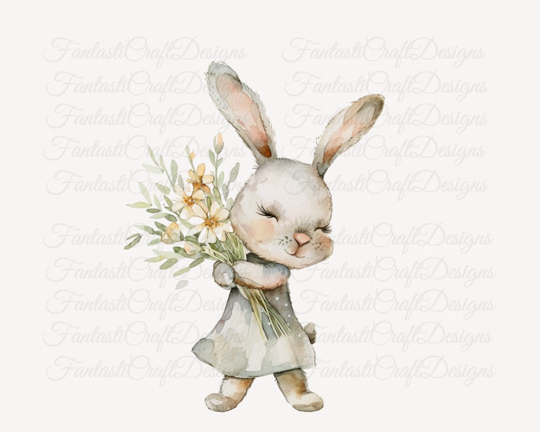 Rabbit Holding Flowers Cute Easter Bunny Art Watercolor Clipart 16 Pack ...