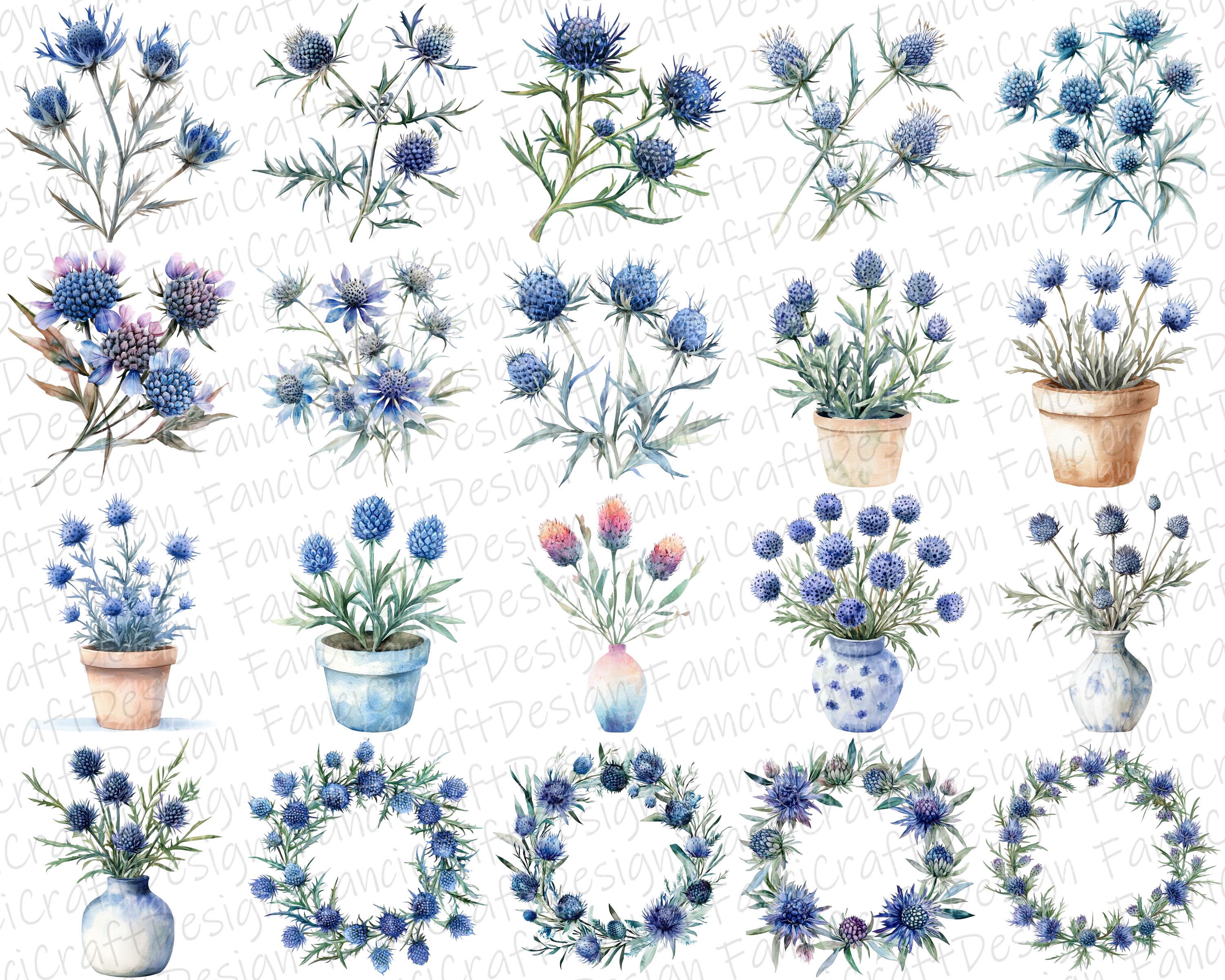 Blue Flowers 100 Floral Clipart Pack Watercolor Printable PNG Digital ...