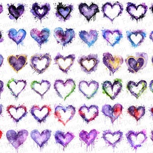 48 Purple Heart Paint Splatter Splash Watercolor Clipart Heart Pack PNG ...