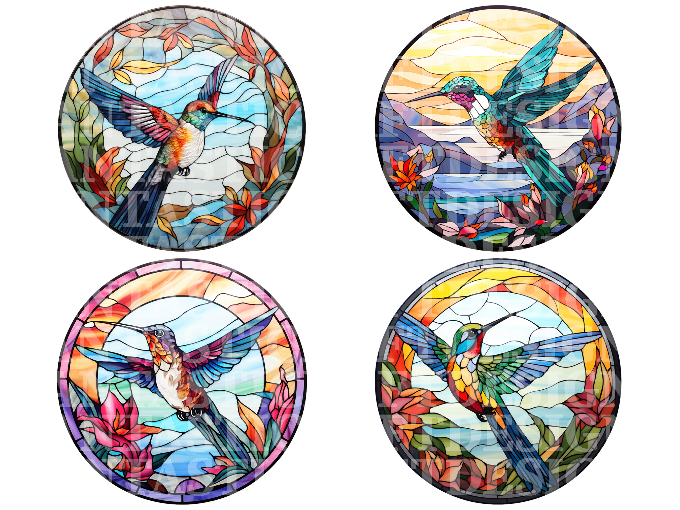 12 Stained Glass Hummingbird Bird Pack Transparent Circle PNG Digital ...