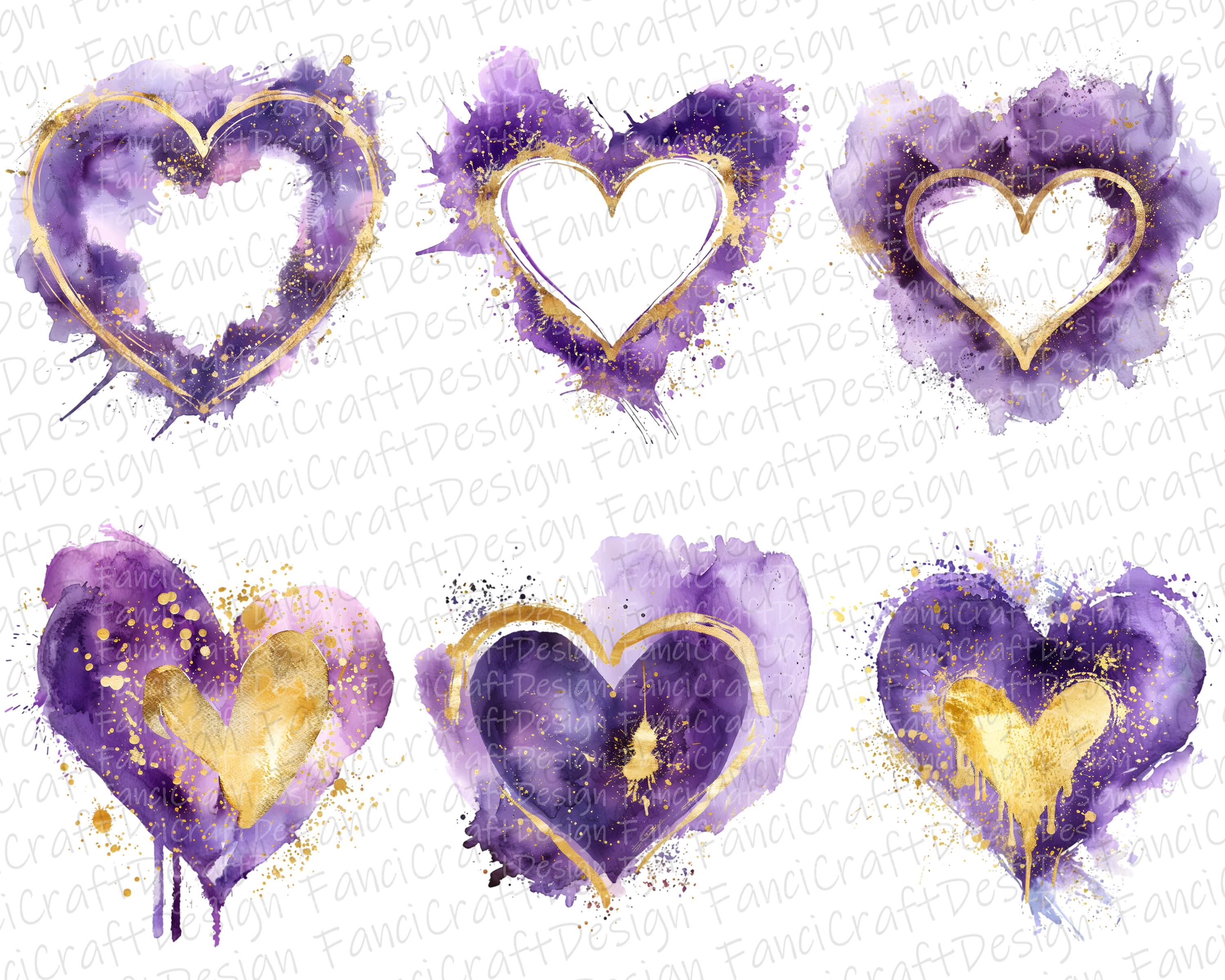 48 Purple Heart Paint Splatter Splash Watercolor Clipart Heart Pack PNG ...