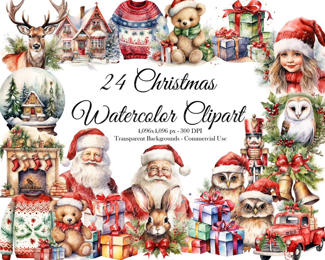 24 Christmas Watercolor Clipart Pack PNG Digital Download 300 DPI ...