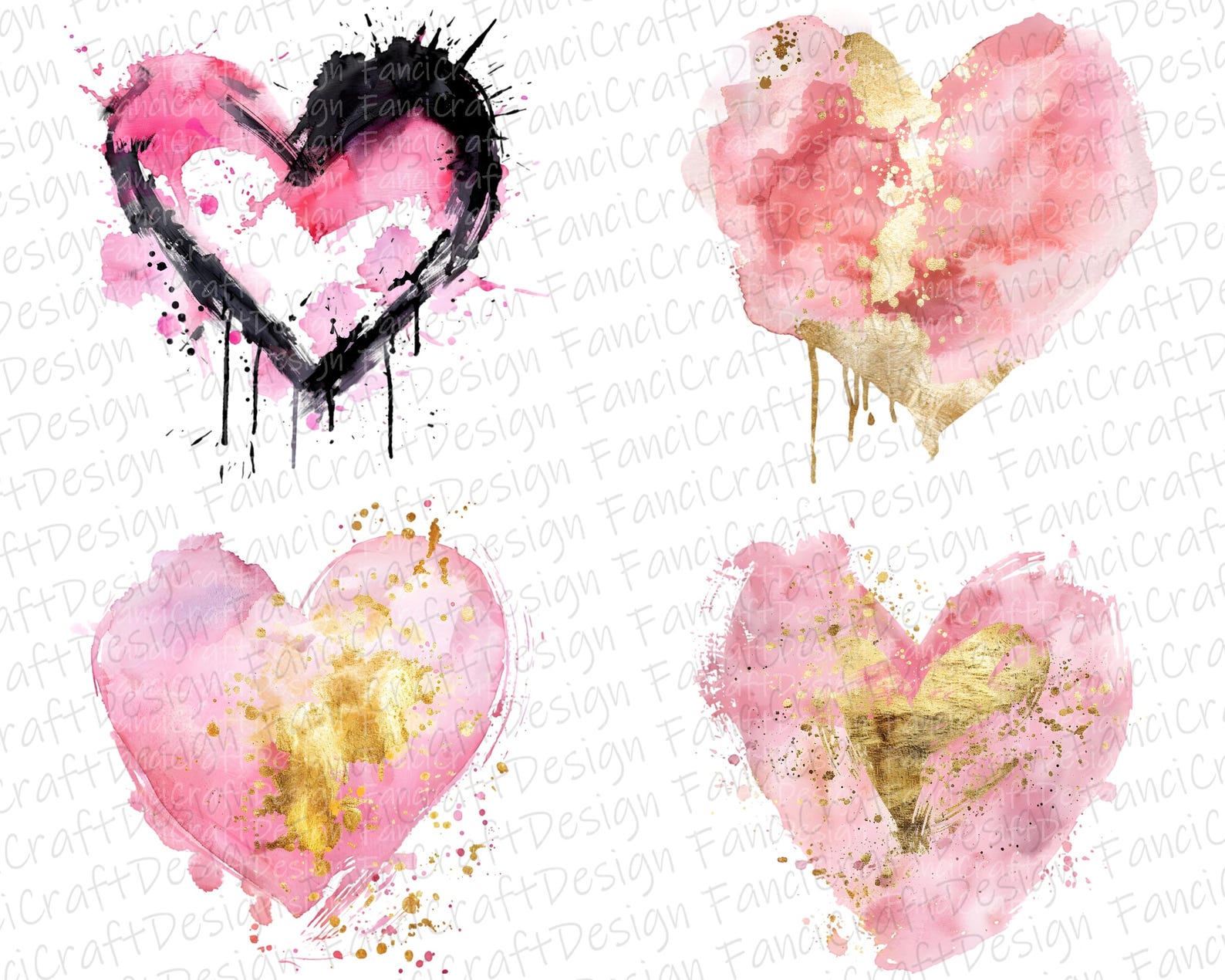 24 Pink Hearts Paint Splatter Splash Watercolor Clipart Heart Pack PNG ...