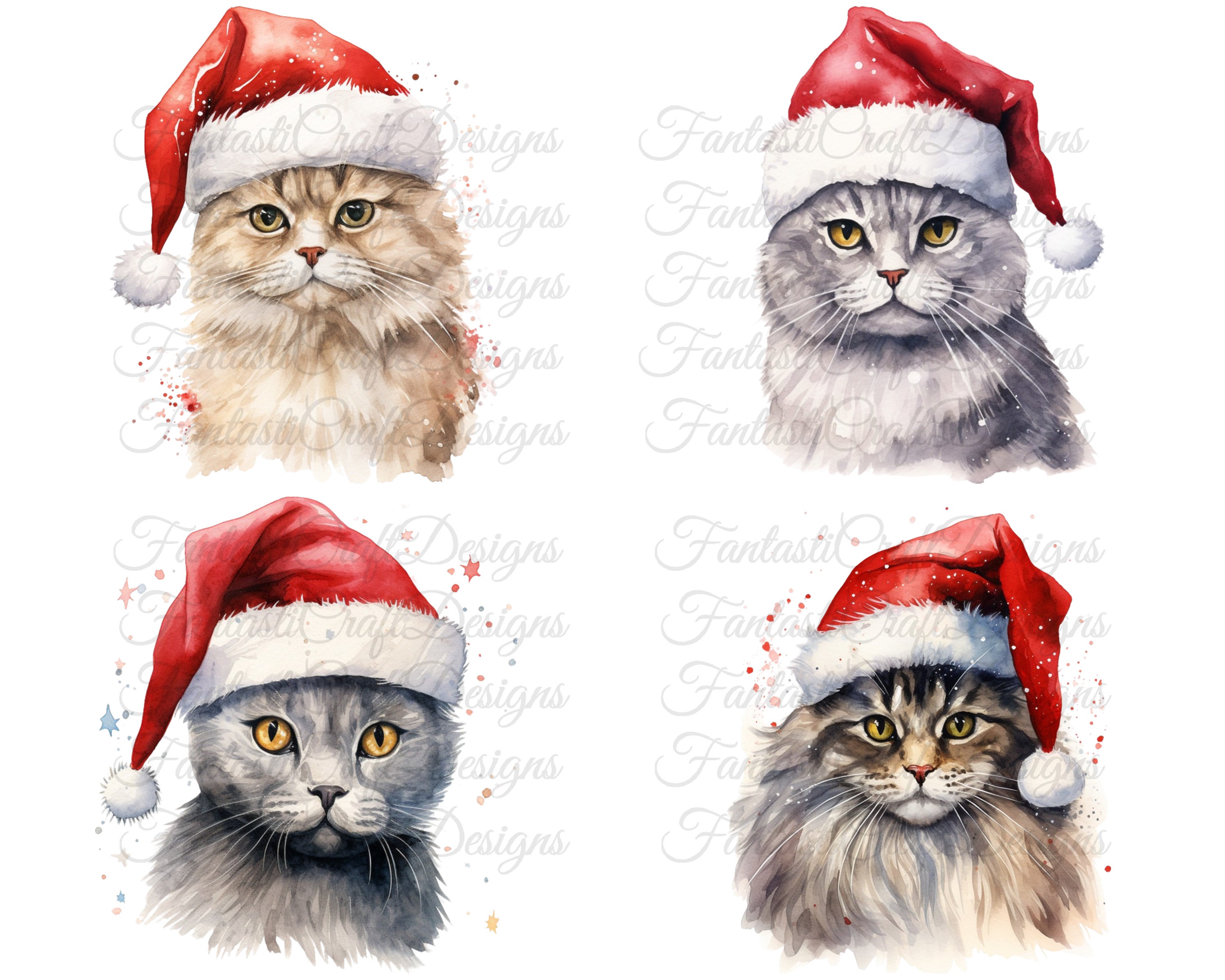 30 Christmas Cat Cute Watercolor Clipart Pack PNG Digital Download 300 ...
