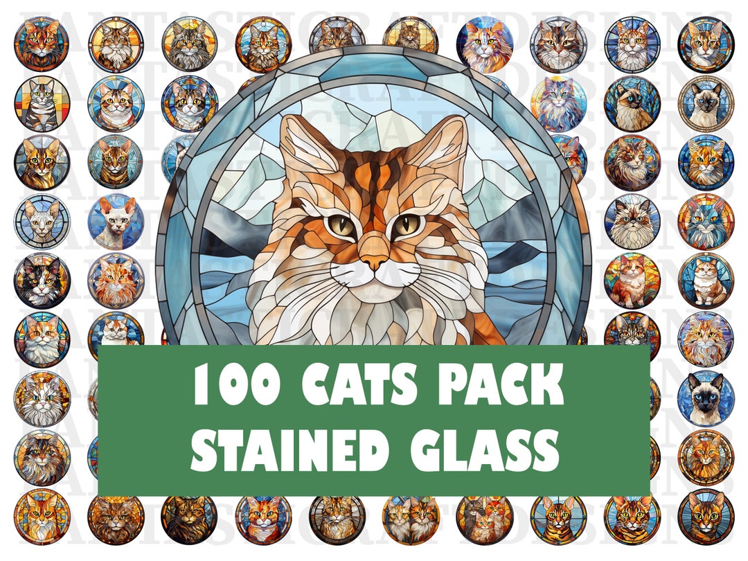 100 Stained Glass Cat Pack #2 Transparent Circle PNG Digital Download ...