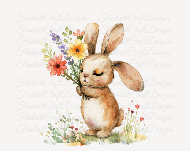 Rabbit Holding Flowers Cute Easter Bunny Art Watercolor Clipart 16 Pack ...