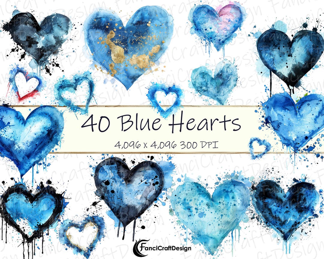 40 Blue Hearts Paint Splatter Splash Watercolor Clipart Heart Pack PNG ...