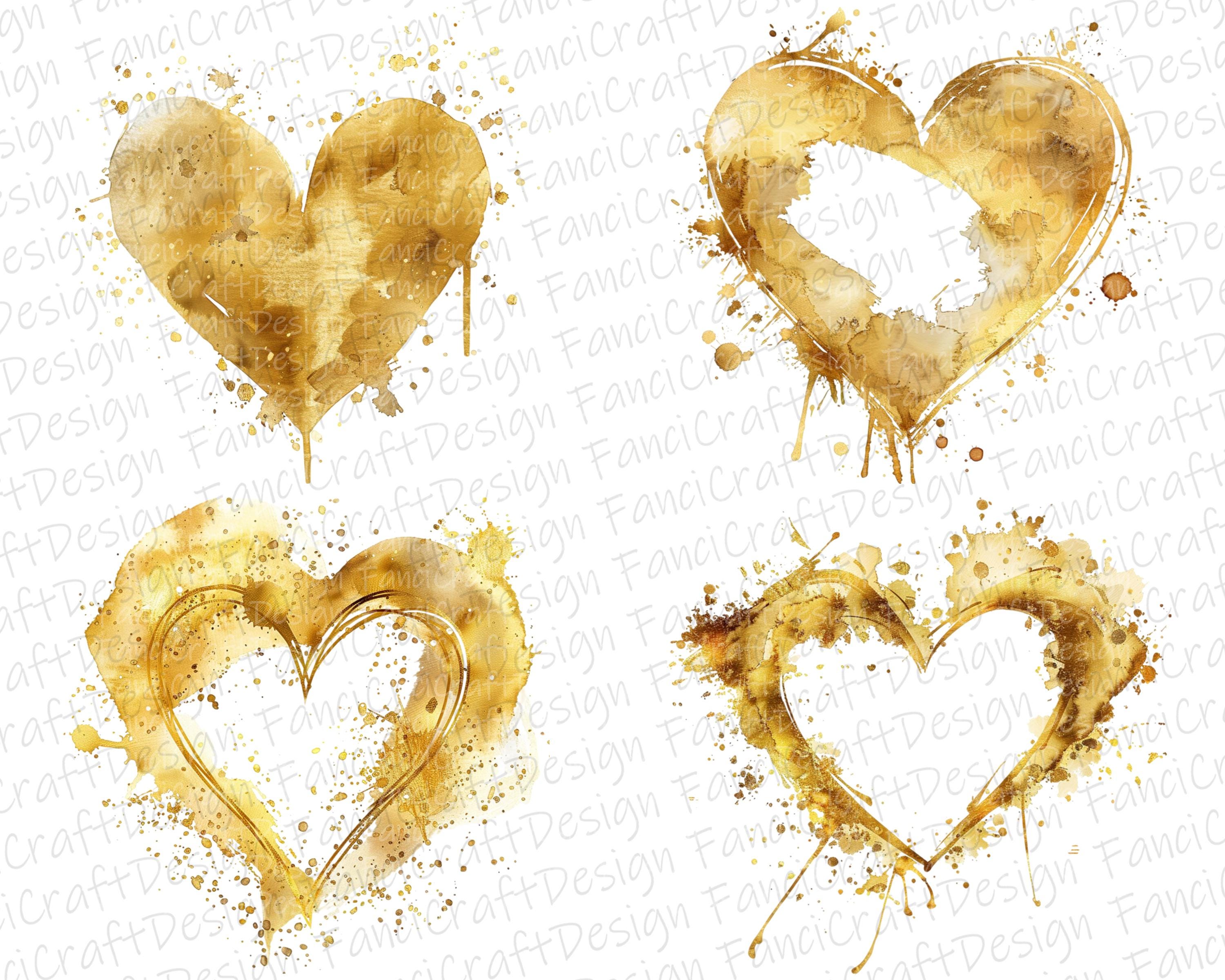16 Gold Hearts Paint Splatter Splash Watercolor Clipart Heart Pack PNG ...