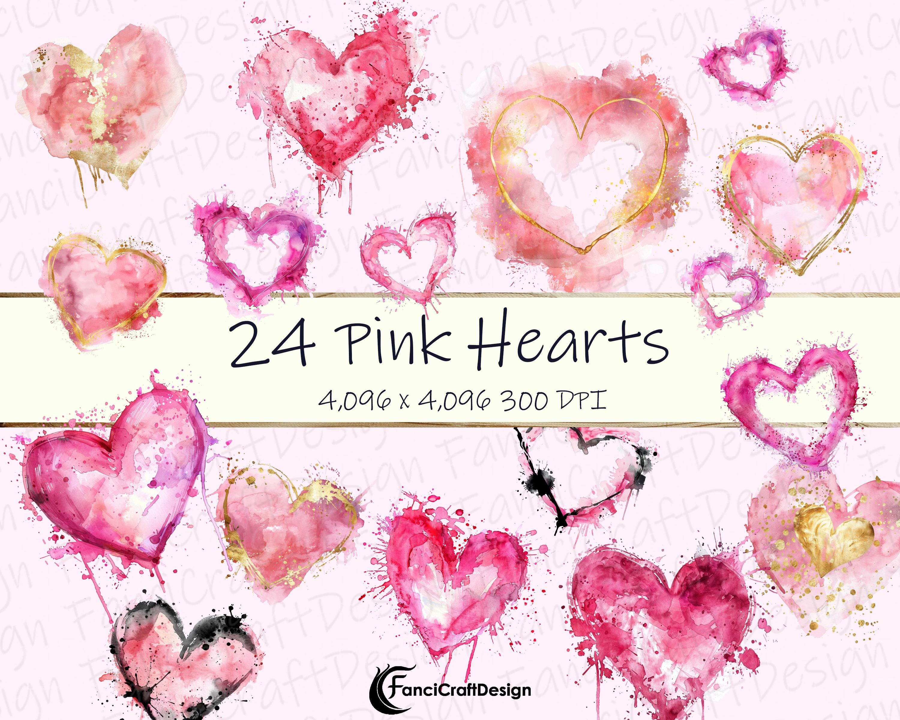 24 Pink Hearts Paint Splatter Splash Watercolor Clipart Heart Pack PNG ...