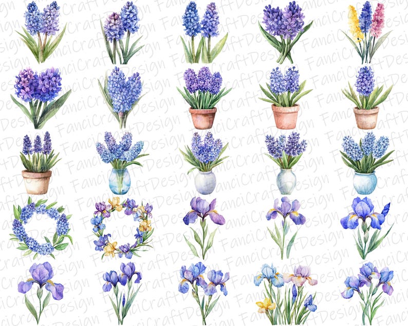 Purple Flowers 175 Floral Clipart Pack Watercolor Printable PNG Digital ...