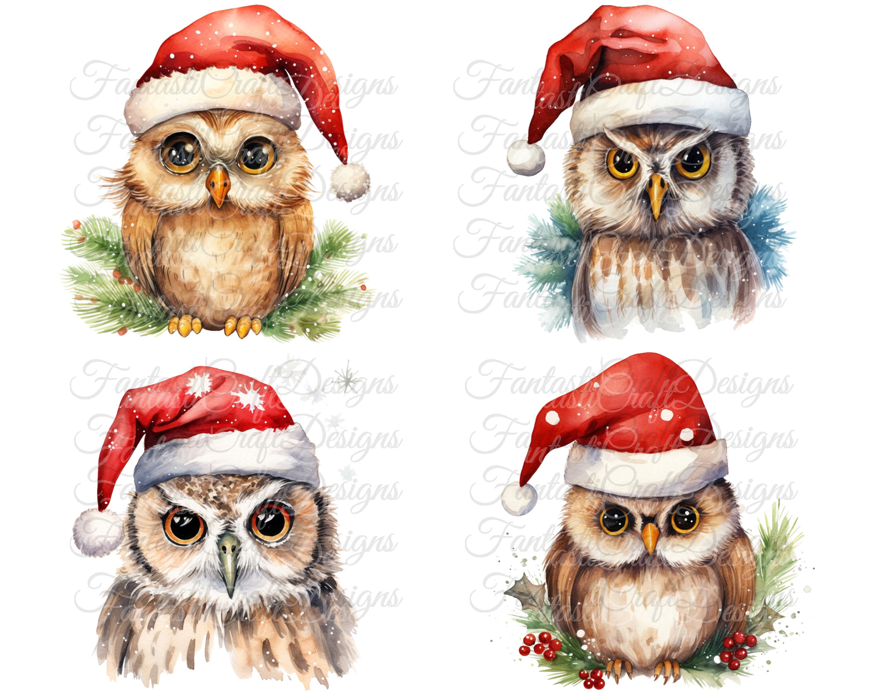12 Owl Christmas Watercolor Clipart Pack PNG Digital Download - Etsy