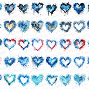 40 Blue Hearts Paint Splatter Splash Watercolor Clipart Heart Pack PNG ...