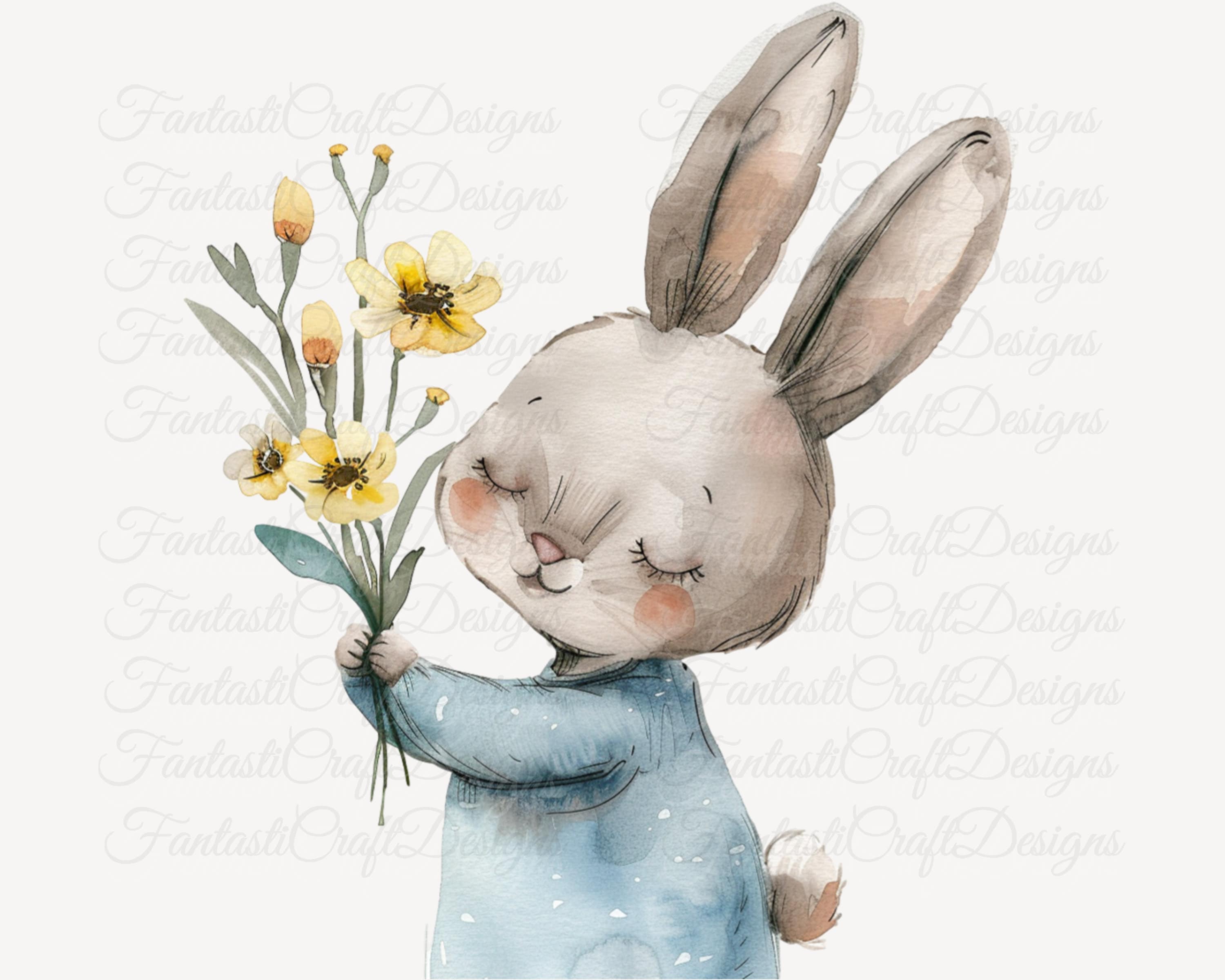 Rabbit Holding Flowers Cute Easter Bunny Art Watercolor Clipart 16 Pack ...