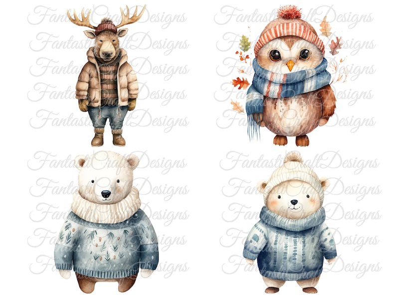 28 Cute Winter Animal Watercolor Clipart Pack PNG Digital Download 300 ...