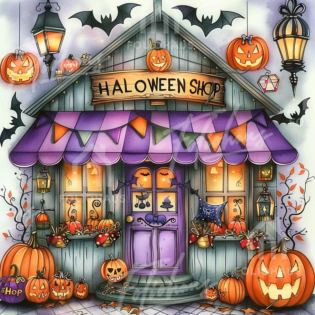 Halloween Shop Clip Art (10) – Watercolor Storefronts, High-res JPG ...
