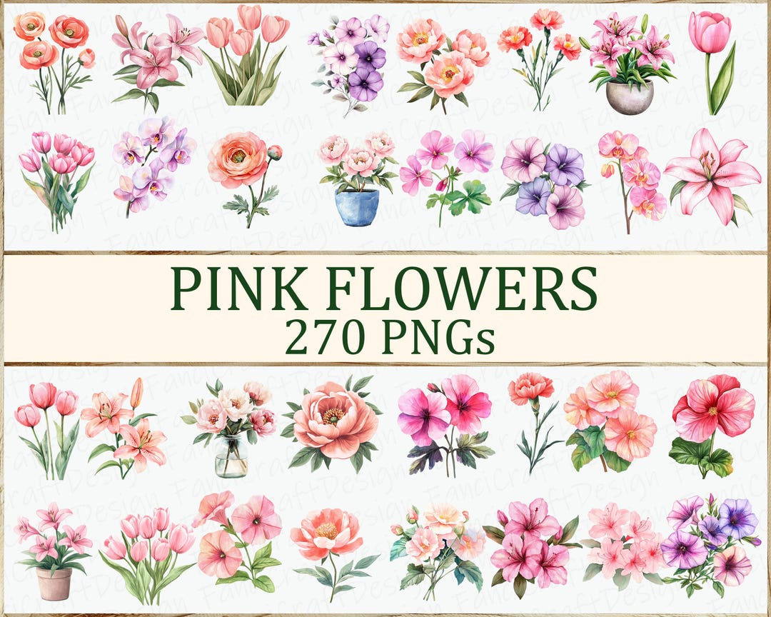 Pink Flower 270 Floral Clipart Pack Watercolor Printable PNG Digital ...