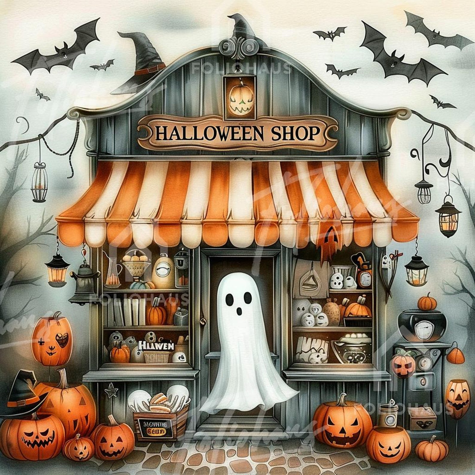 Halloween Shop Clip Art (10) – Watercolor Storefronts, High-res JPG ...