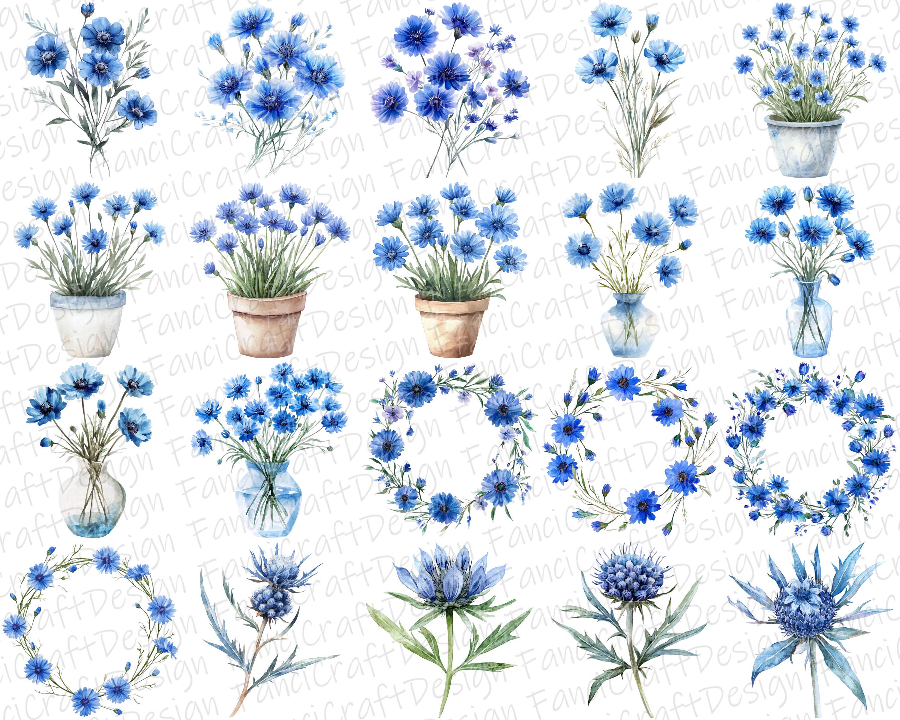 Blue Flowers 100 Floral Clipart Pack Watercolor Printable PNG Digital ...