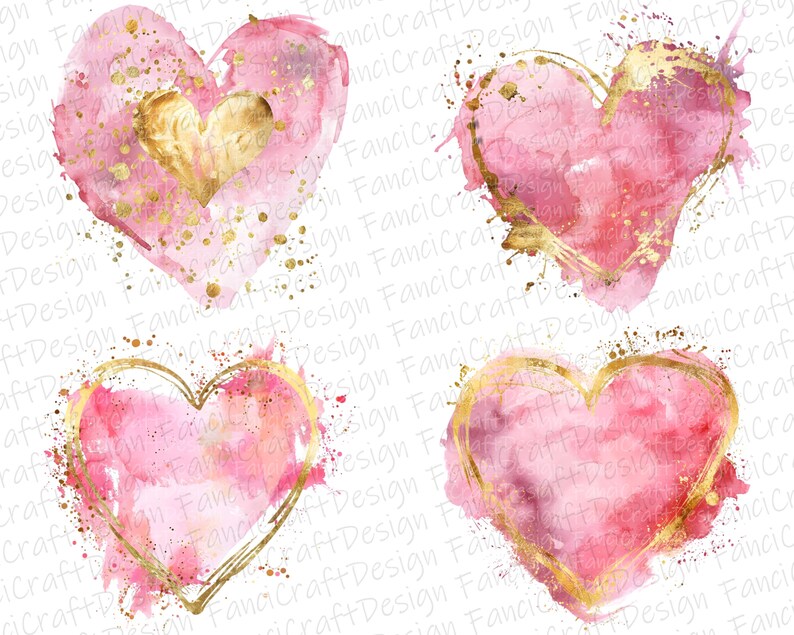 24 Pink Hearts Paint Splatter Splash Watercolor Clipart Heart Pack PNG ...
