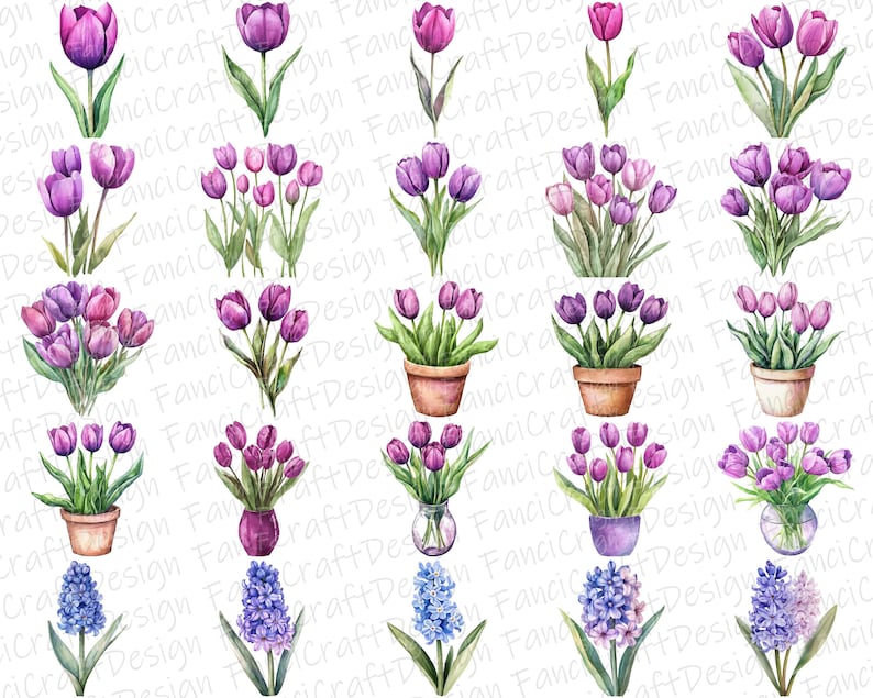 Purple Flowers 175 Floral Clipart Pack Watercolor Printable PNG Digital ...