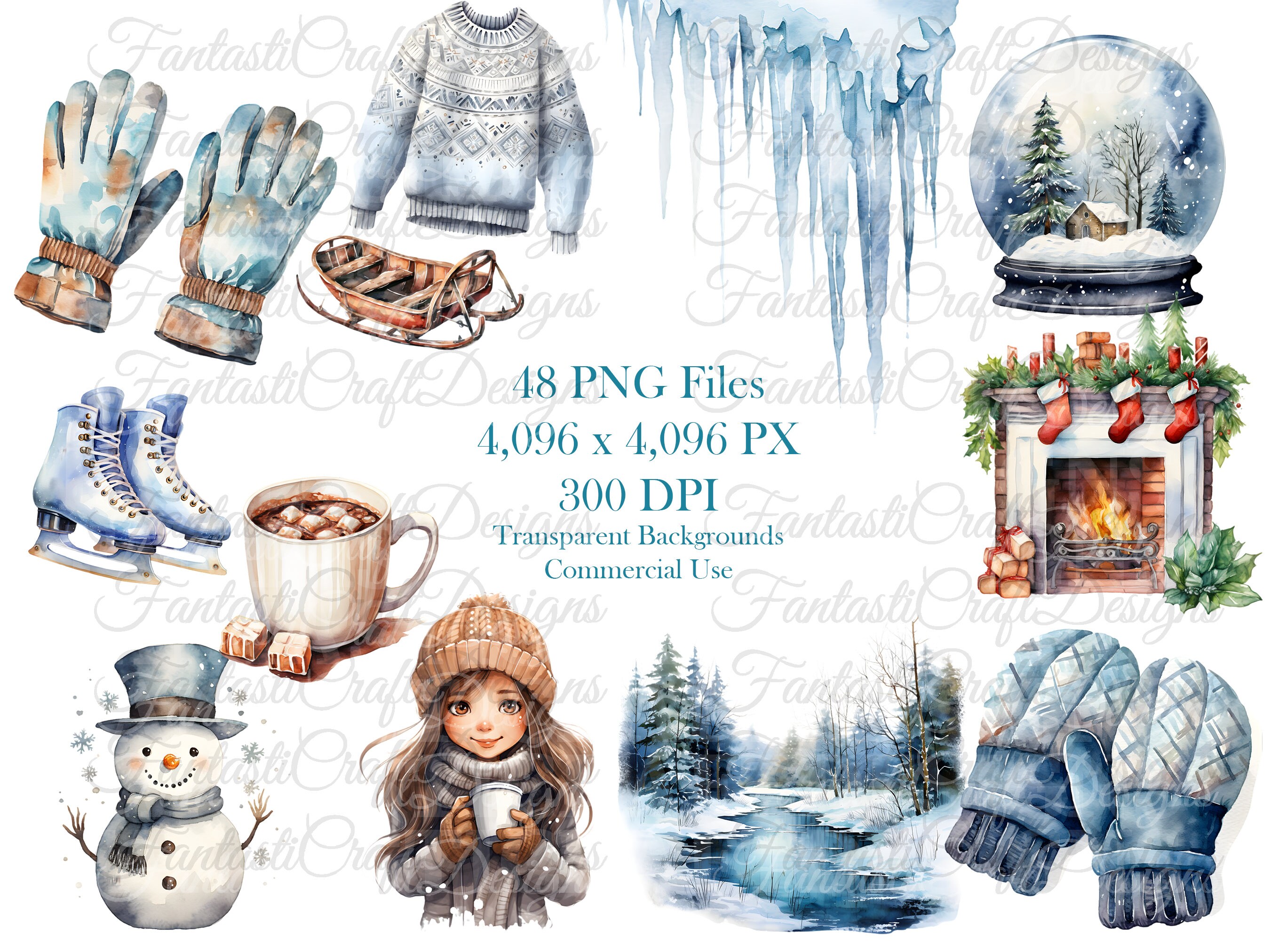 48 Winter Clipart Pack Christmas Snow Clipart PNG Digital Download 300 ...