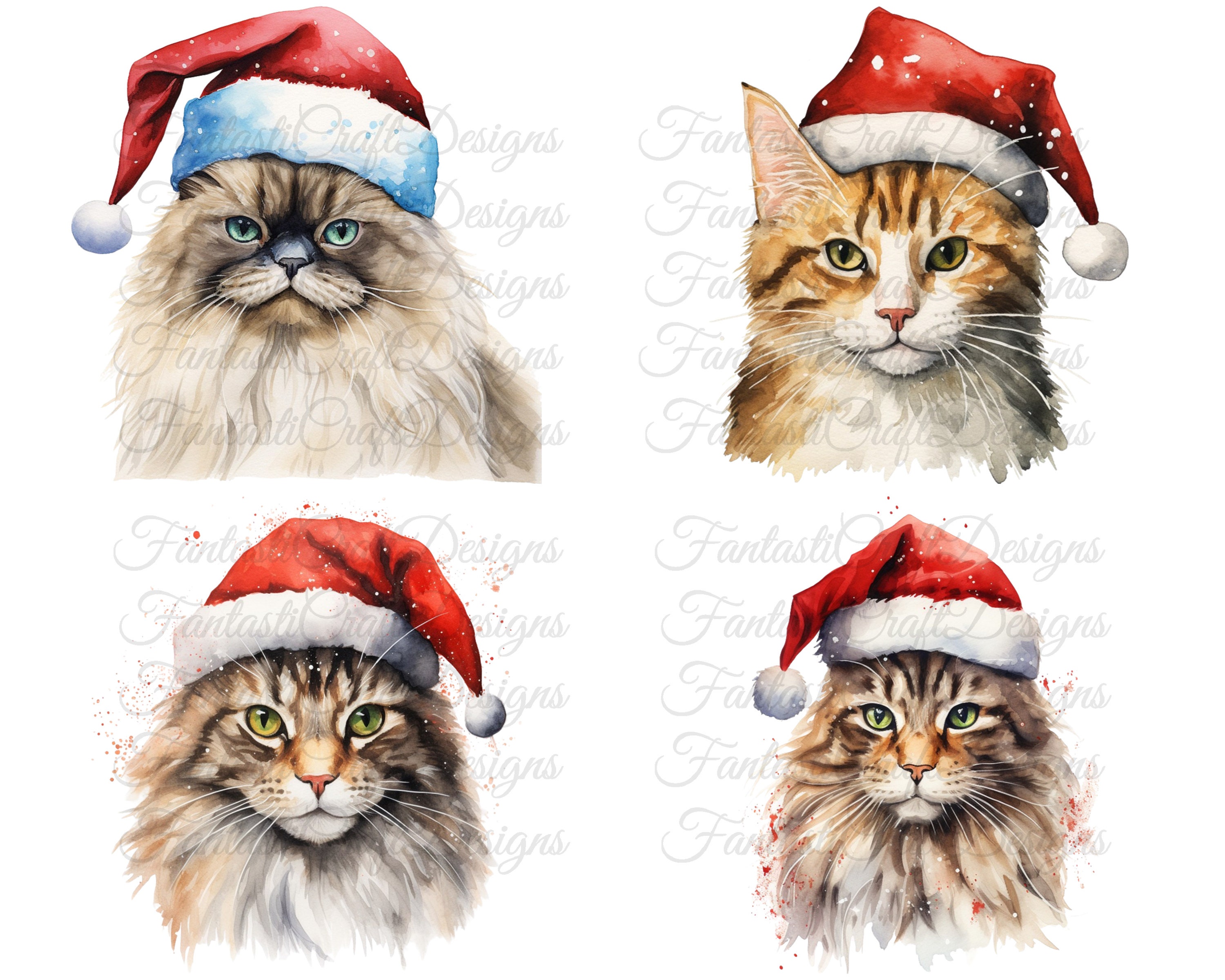 30 Christmas Cat Cute Watercolor Clipart Pack PNG Digital Download 300 ...