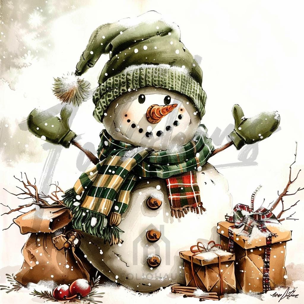 10 Vintage Christmas Snowman Clipart – Retro Watercolor, High-res Jpgs ...