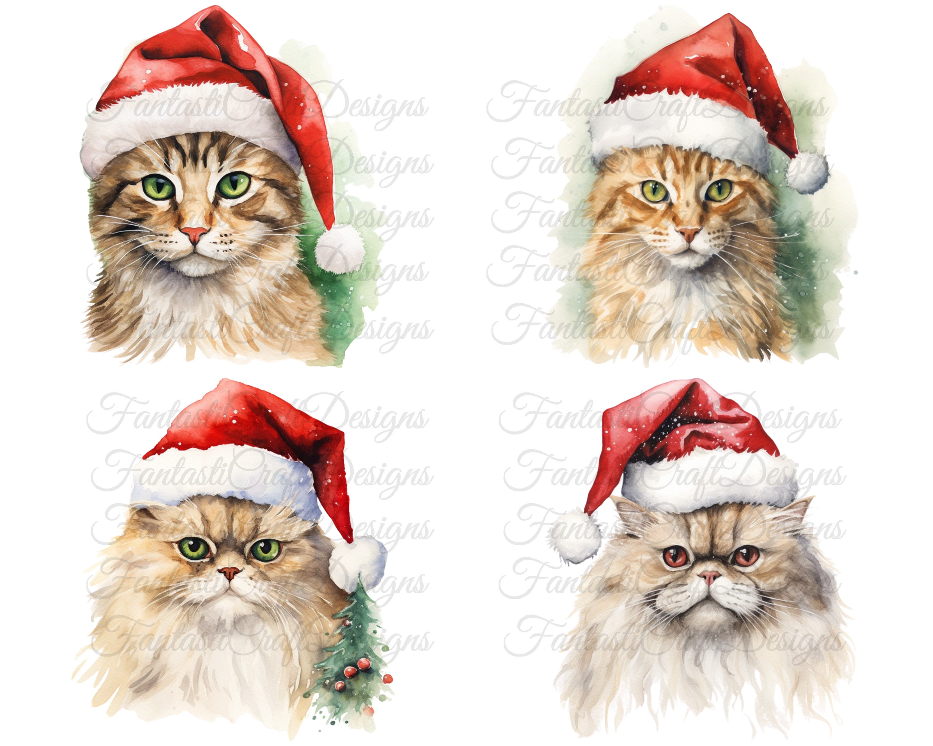 30 Christmas Cat Cute Watercolor Clipart Pack PNG Digital Download 300 ...