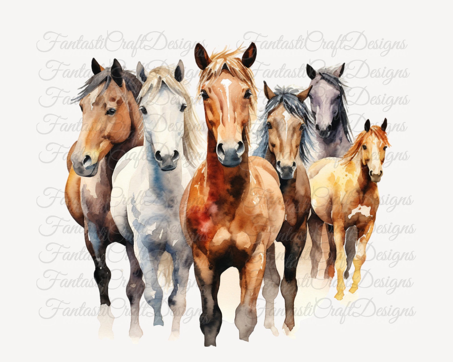 12 Horses Horse Herd Pony Animal Watercolor Clipart Printable PNG JPG ...