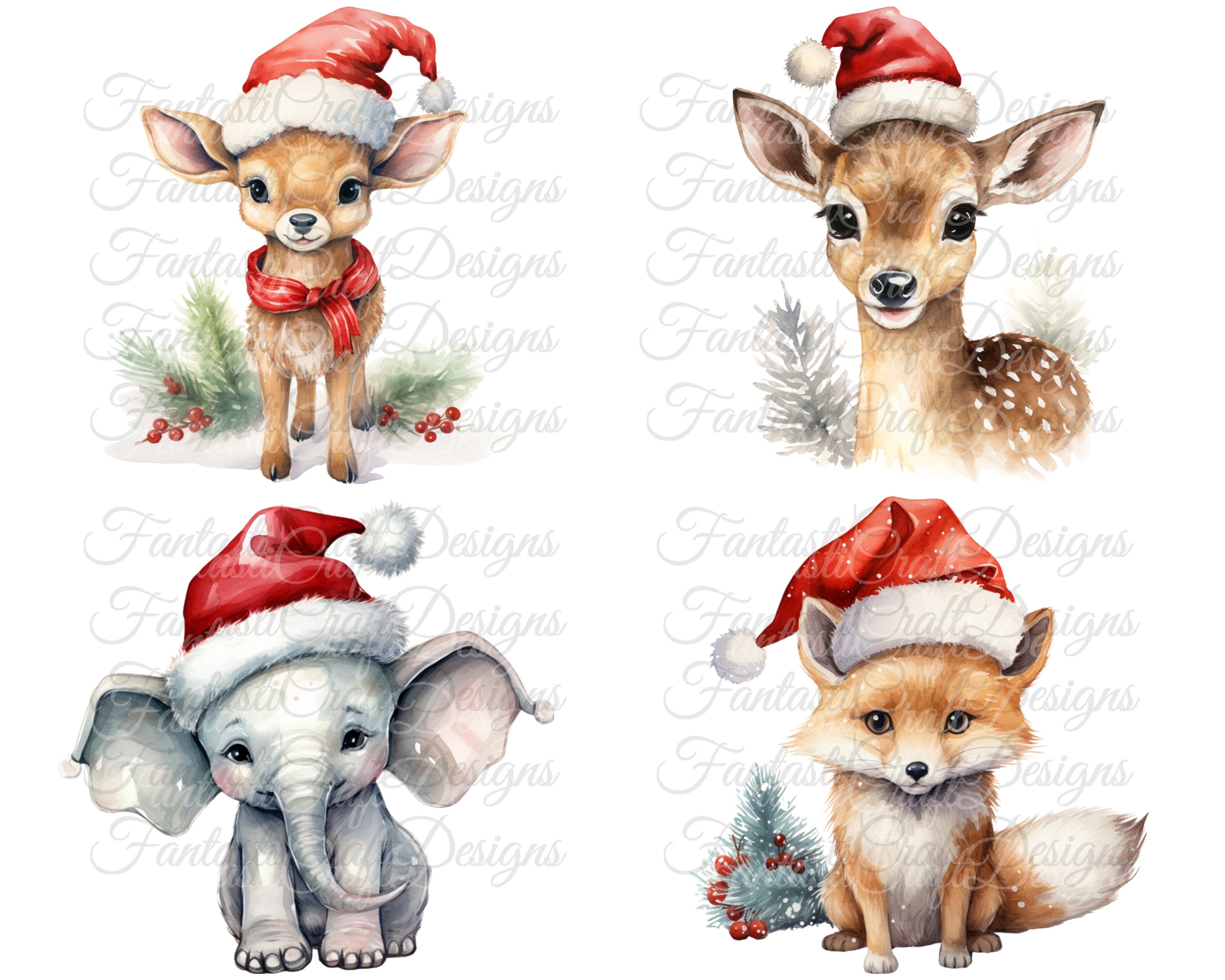 24 Christmas Animals Watercolor Clipart Pack PNG Digital - Etsy