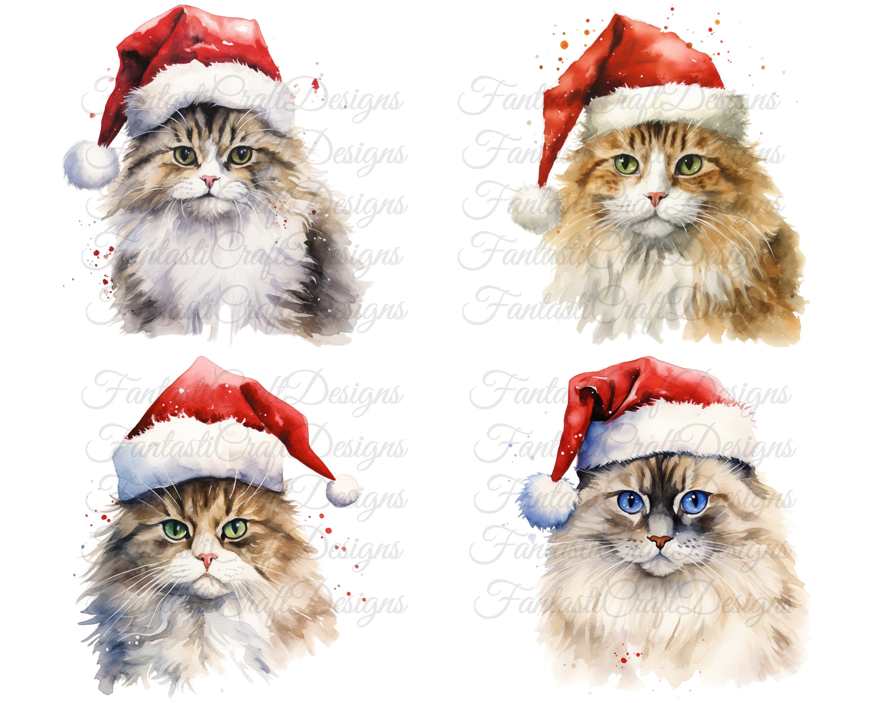 30 Christmas Cat Cute Watercolor Clipart Pack PNG Digital Download 300 ...