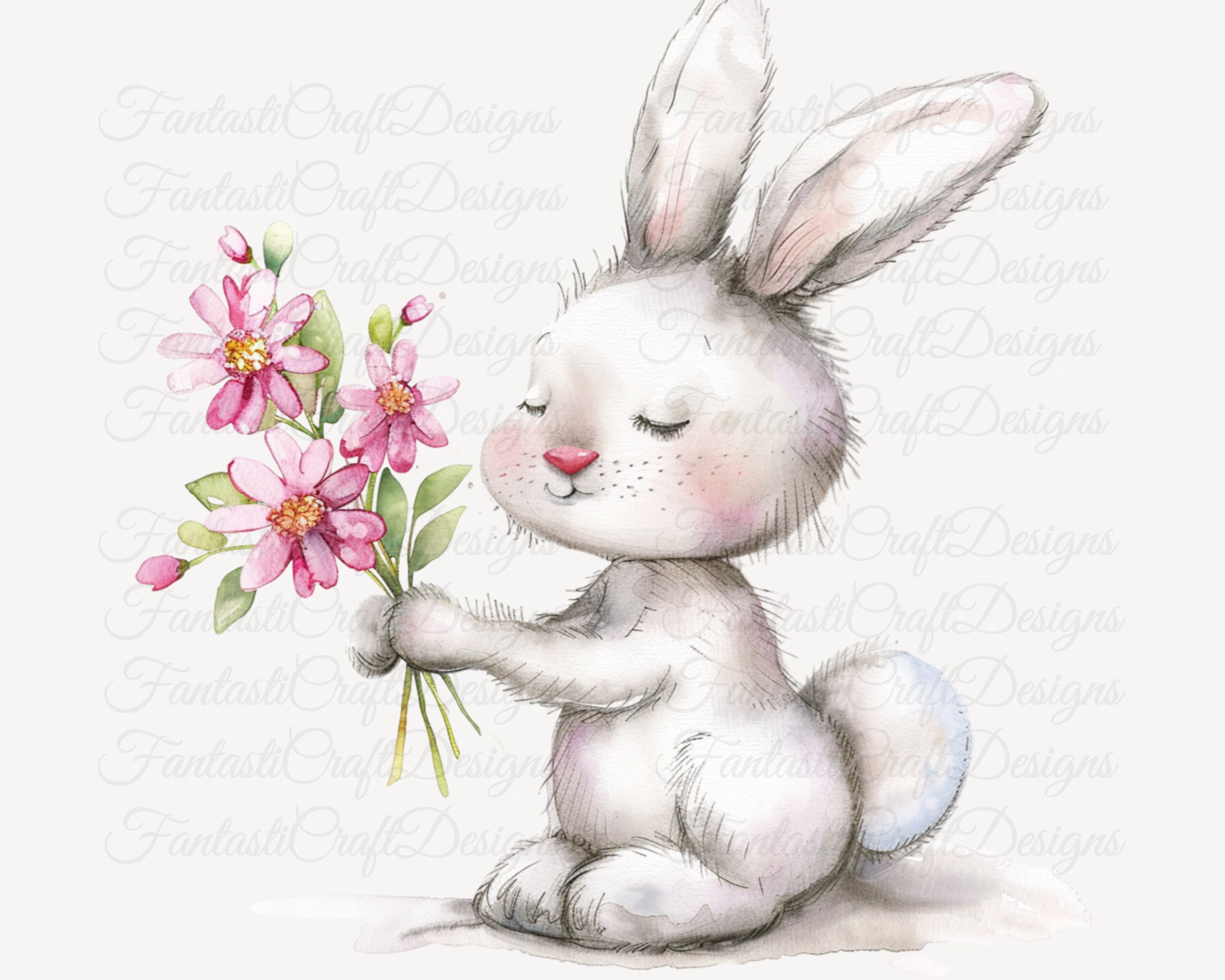 Rabbit Holding Flowers Cute Easter Bunny Art Watercolor Clipart 16 Pack ...