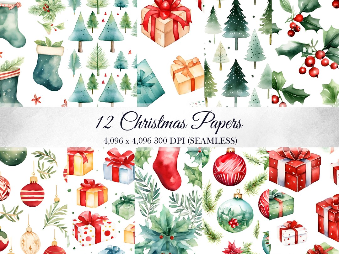 12 Watercolor Christmas Digital Paper Pack Seamless Winter Holiday Card ...