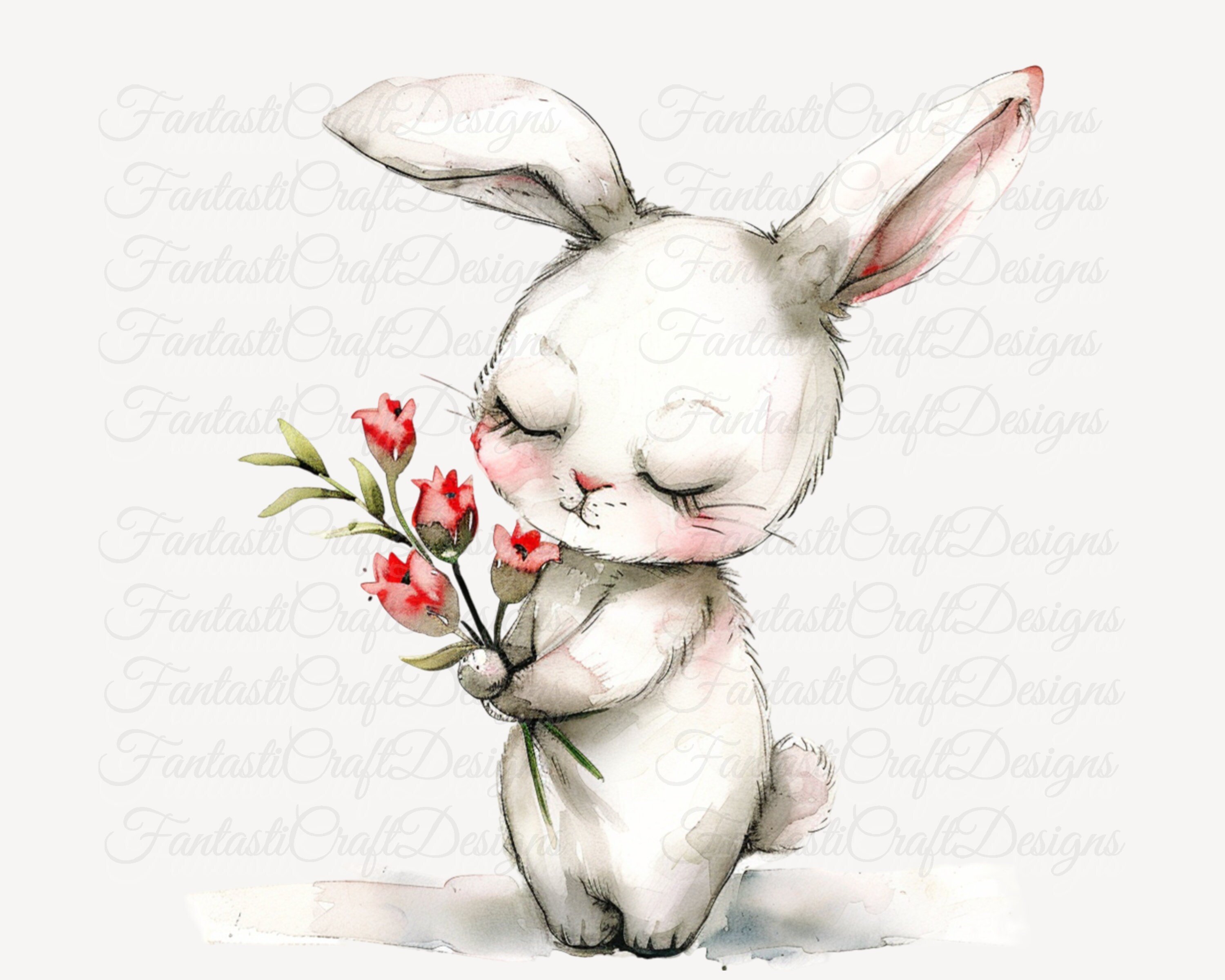 Rabbit Holding Flowers Cute Easter Bunny Art Watercolor Clipart 16 Pack ...