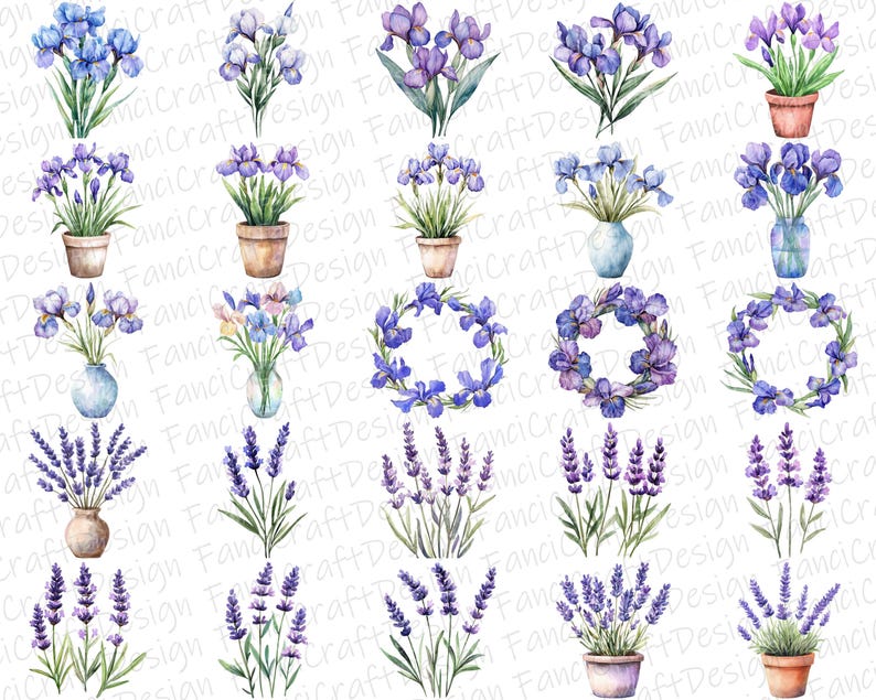 Purple Flowers 175 Floral Clipart Pack Watercolor Printable PNG Digital ...