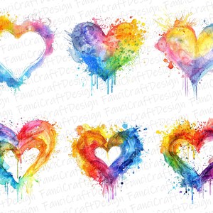 Rainbow Hearts Paint Splatter Splash Watercolor Clipart Heart Pack PNG ...