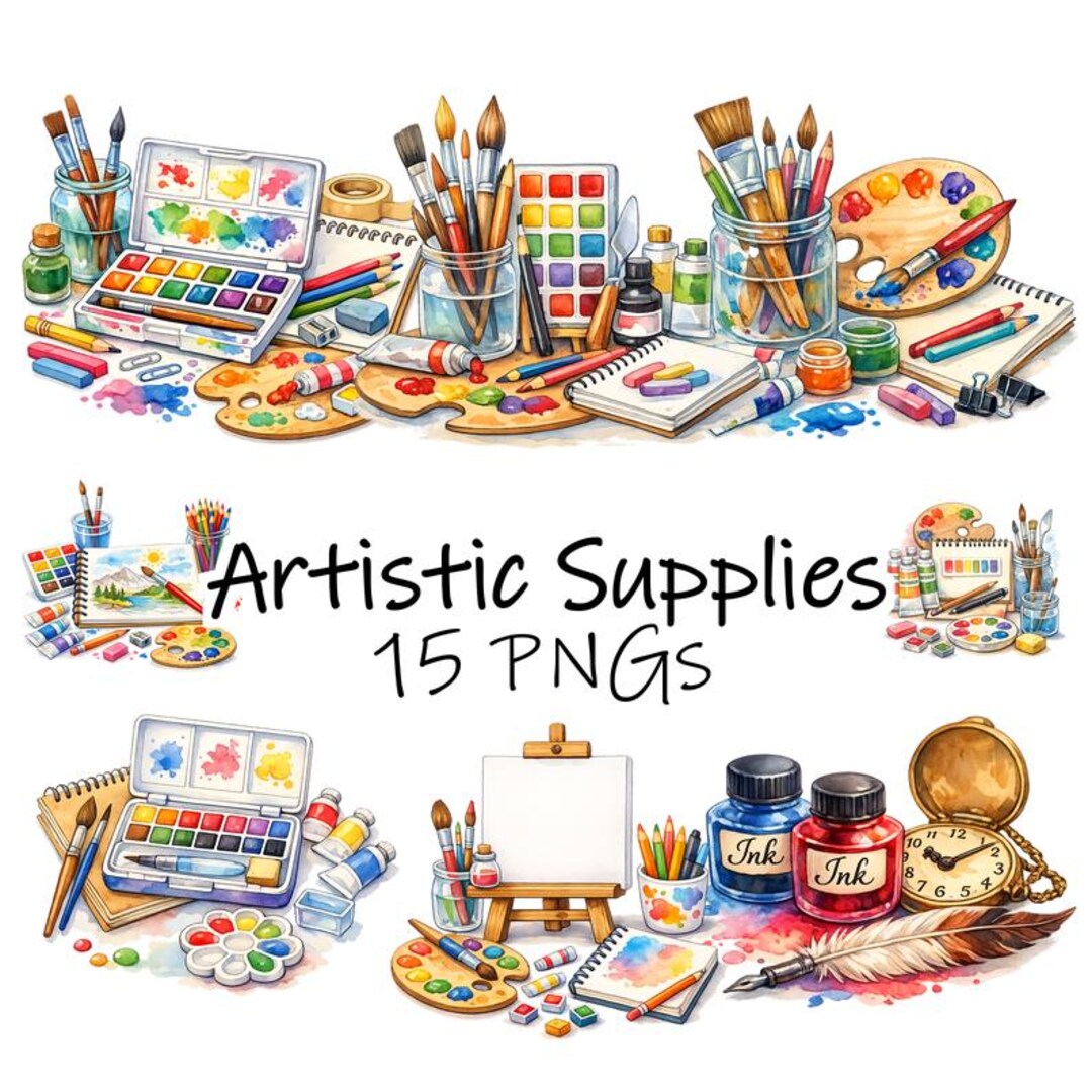 Artistic Supplies Watercolor Clipart Collection | 15 PNG | Transparent ...